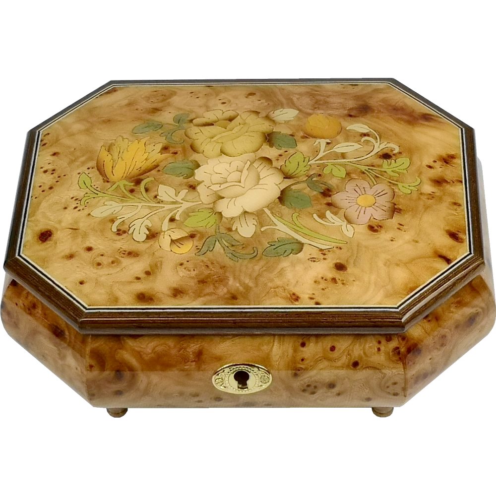 Handcrafted Wooden Maple Burl Musical Jewellery Box with Marquetry ...