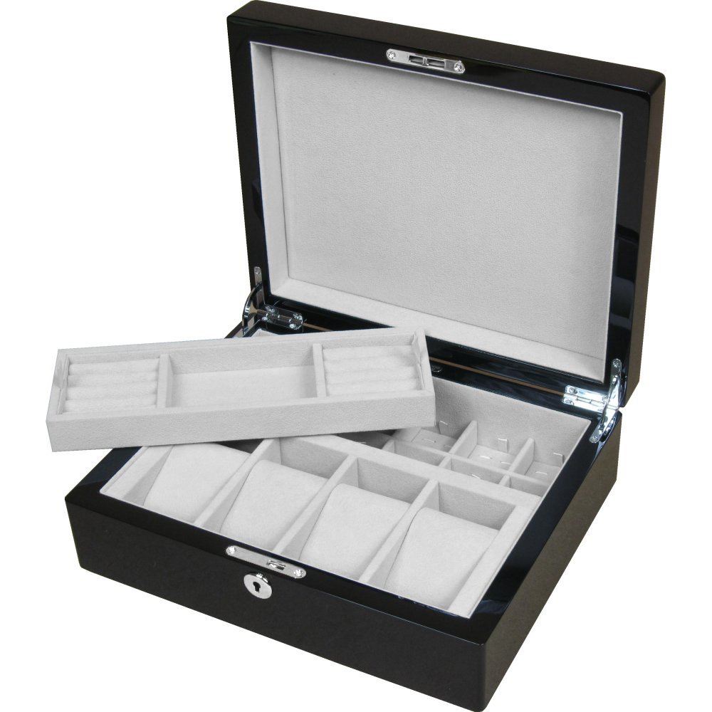 Piano Black Gents Valet Box with Lock - Hillwood