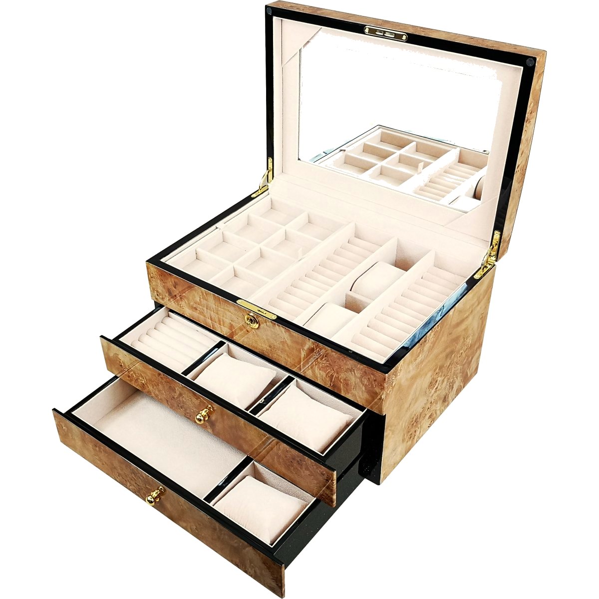 Extra Large Maple Burl Wood Jewellery Box with Multiple Compartments ...