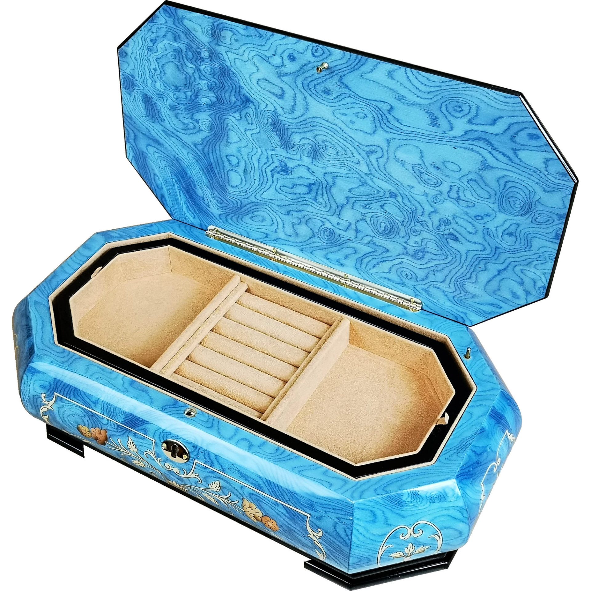 Large Handcrafted Wooden Blue Maple Burl Musical Jewellery Box with ...