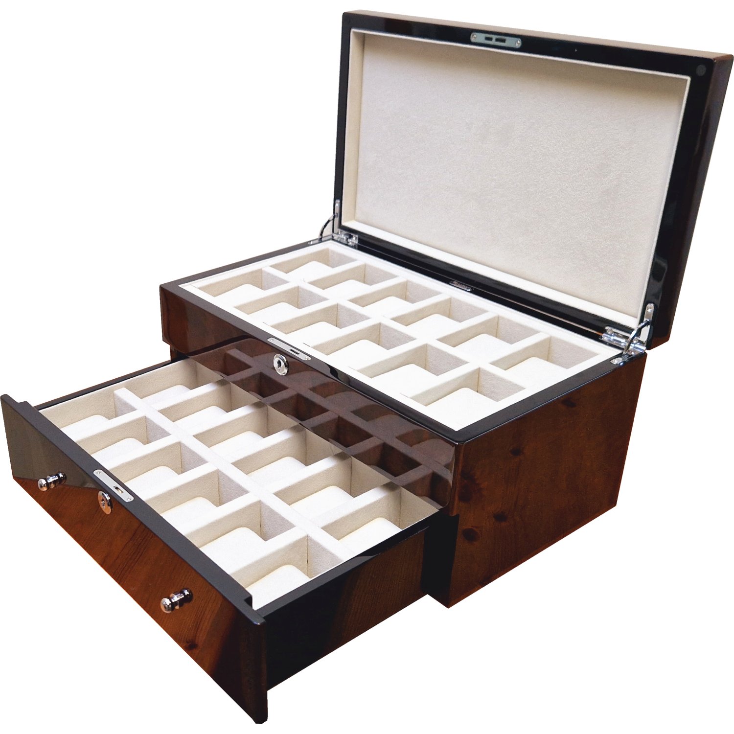 English Burl Walnut 24 Watch Storage Box with Locks - Hillwood