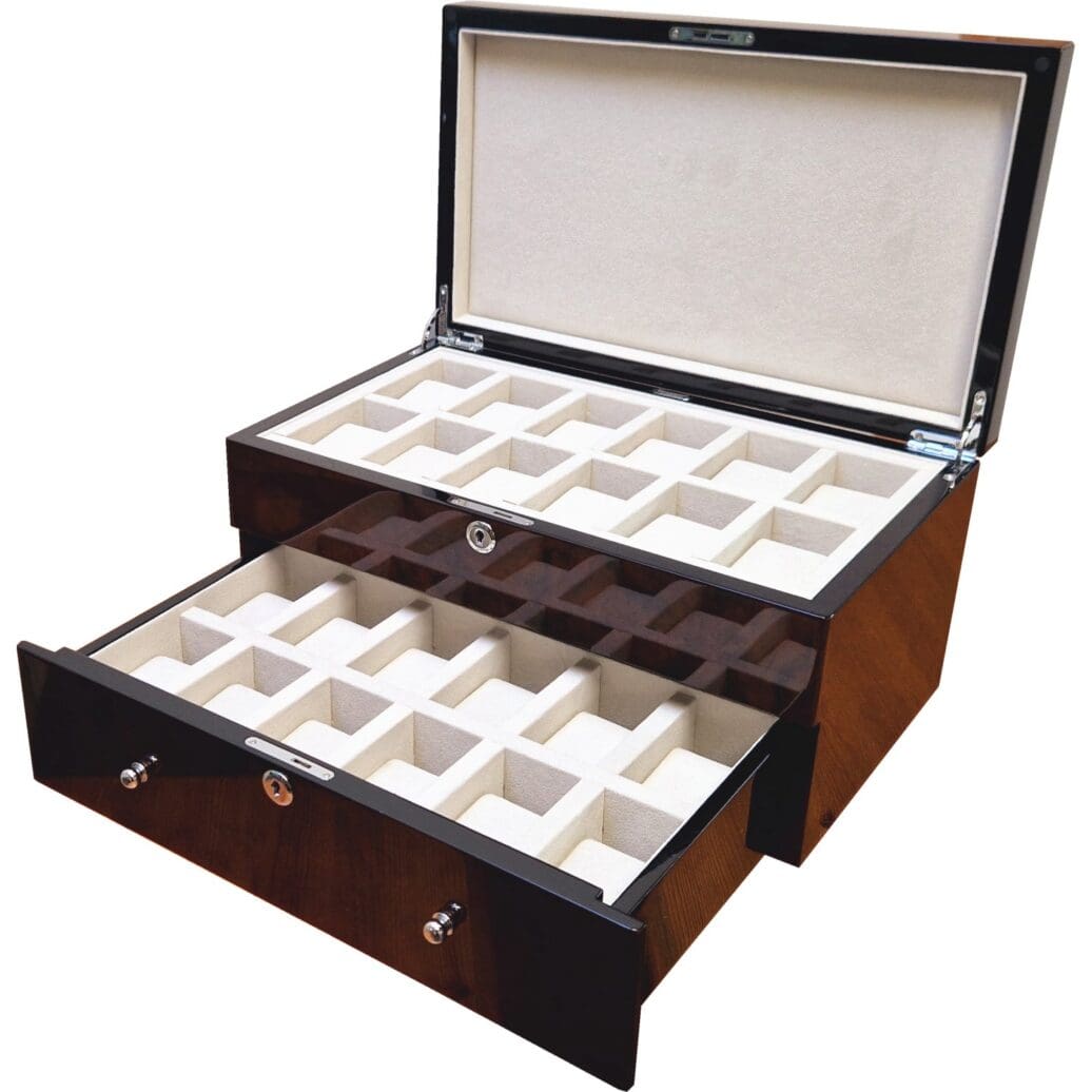 English Burl Walnut 24 Watch Storage Box with Locks - Hillwood